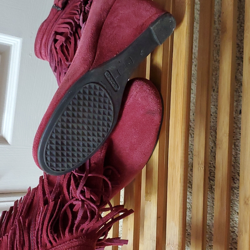 Dark Red Moccasin Fringe Wedge Booties - Gem